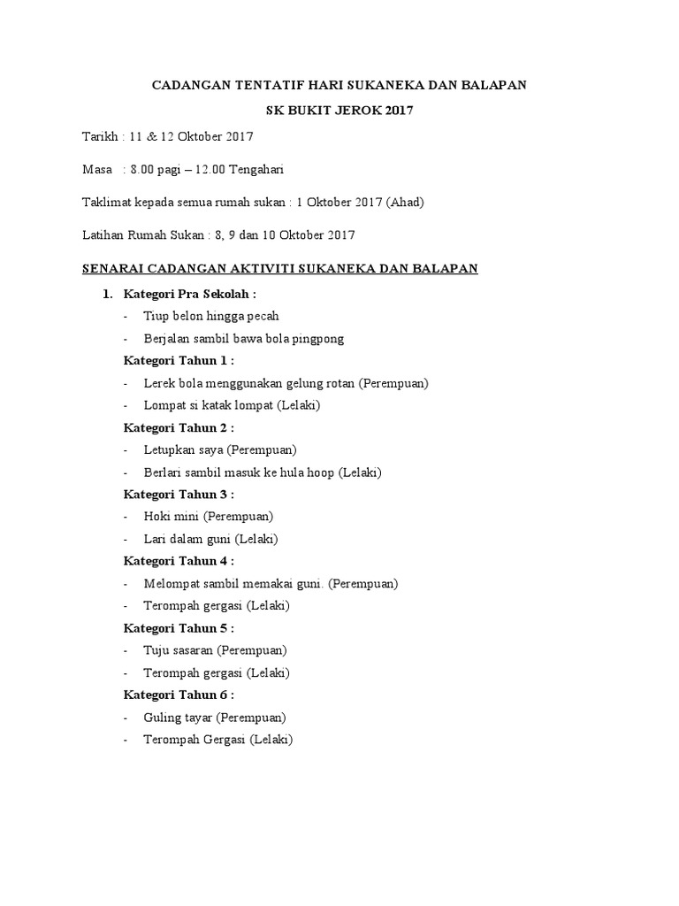 Cadangan Tentatif Hari Sukaneka Dan Balapan | PDF