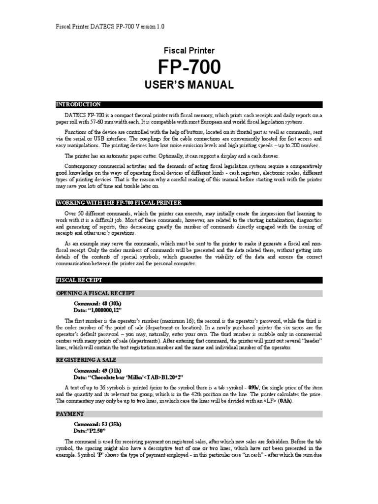 FP 700 | PDF | Printer (Computing) | Receipt