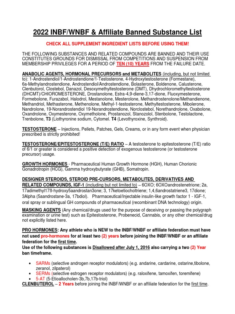INBF/WNBF 2022 Banned Substance List | PDF | Doping In Sport | Stimulant