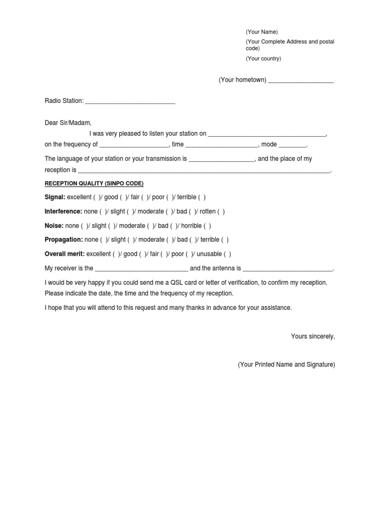 My QSL Letter (Sample) | PDF