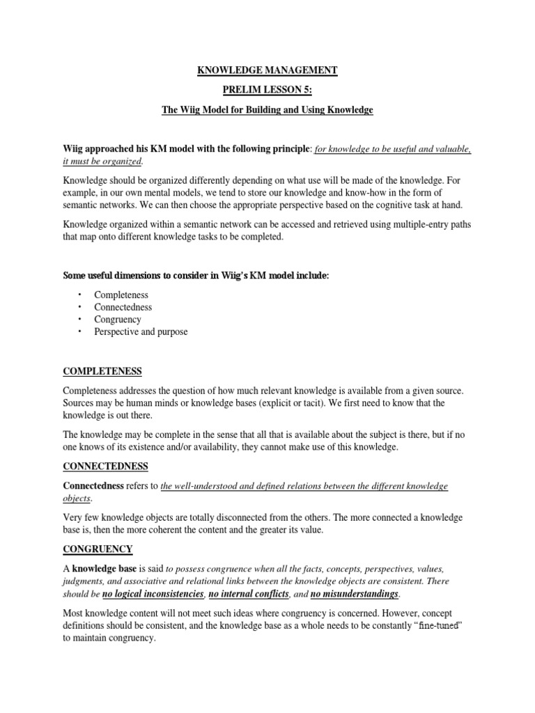 Wiig Knowledge Management Model Overview | PDF | Knowledge | Methodology