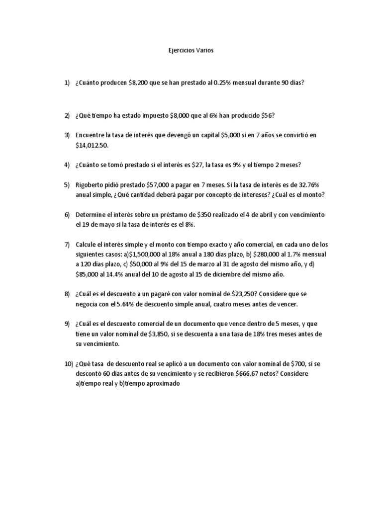 Ejercicios Interes Simple Y Descuento SImple | PDF