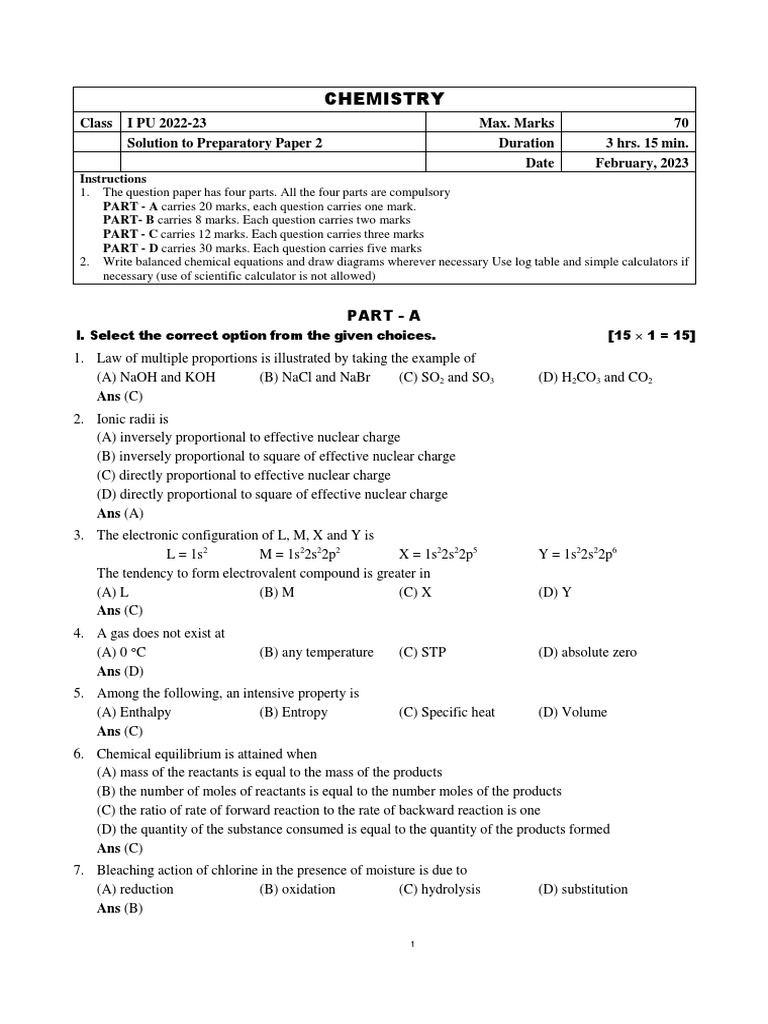 IPU - Chemistry Preparatory Paper 2 - IIT - Q + Soln | PDF | Chemical Bond | Molecular Orbital