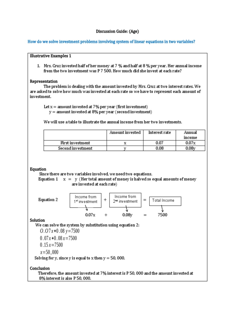(Investment Problems) Problems Involving Systems of Linear Equations in Two Variables | PDF ...
