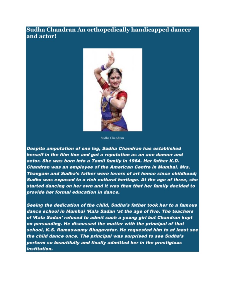 Sudha Chandran An Orthopaedic Ally Handicapped Dancer and | PDF ...