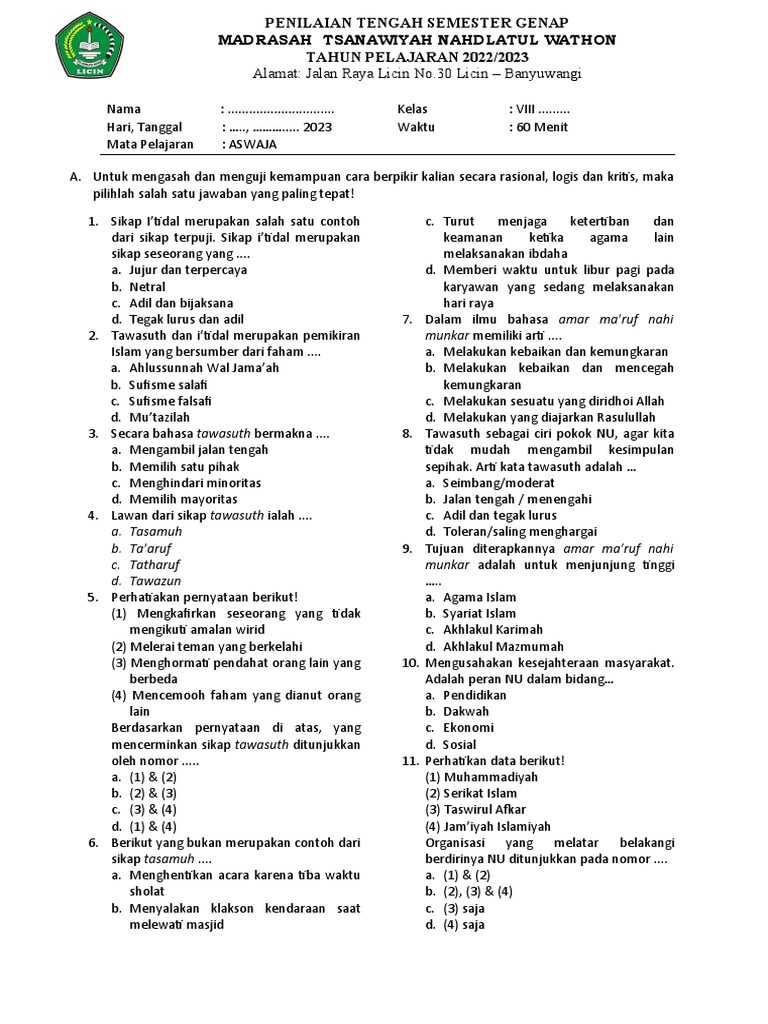 PTS ASWAJA Kelas 8 | PDF