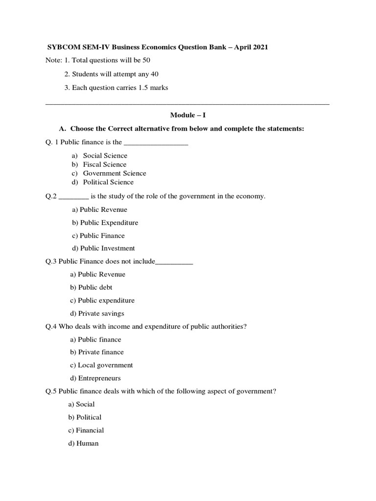 Business Economics SEM-IV Question Bank Regular Examination PDF | PDF | Taxes | Government ...