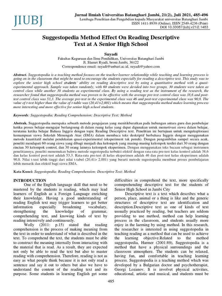 Suggestopedia Method Effect On Reading Descriptive | PDF | Reading ...