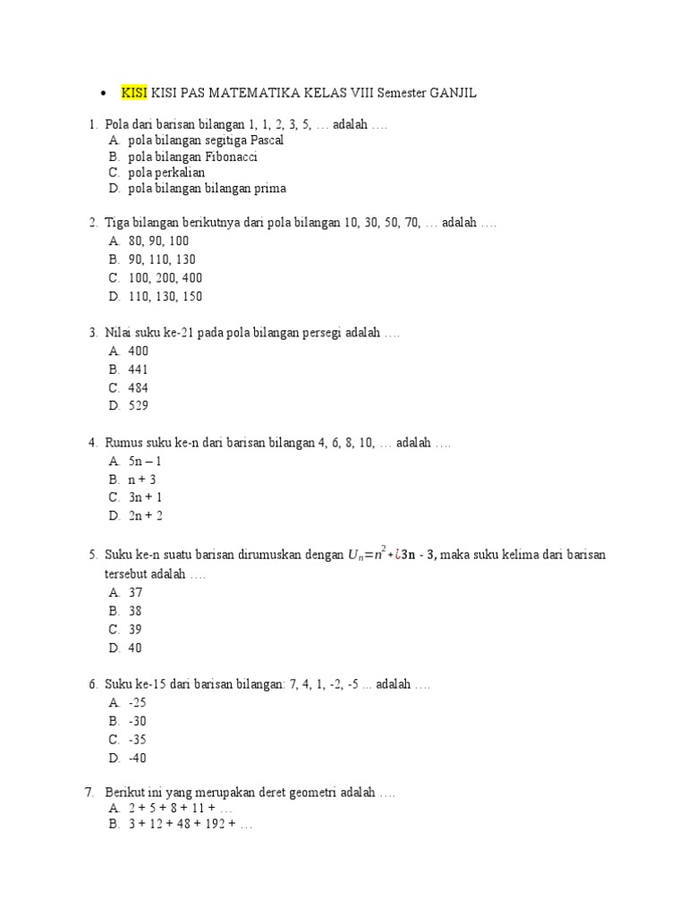 Kisi-Kisi Siswa Matematika Ganjil Kelas Viii 022 | PDF