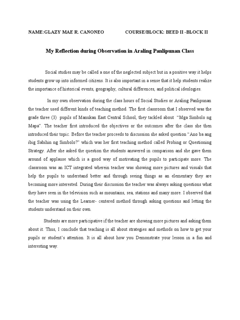 Reflection During Observation Glazy | PDF | Teachers | Classroom