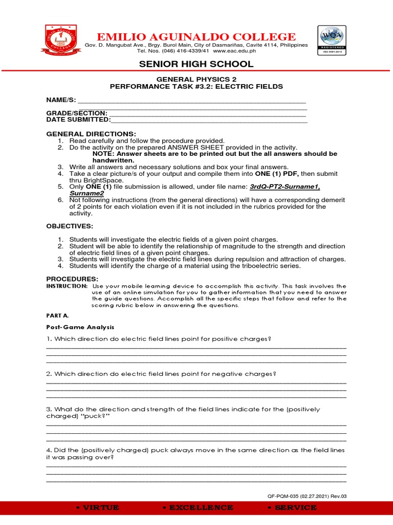 PT3.2 Electric Fields Answer Sheet PDF | PDF | Electric Charge | Physical Sciences