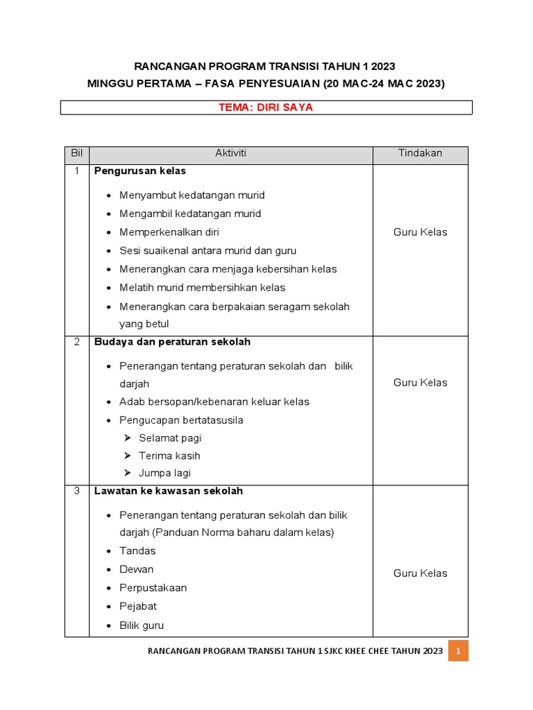 Rancangan Program Transisi Tahun 1 2023 | PDF