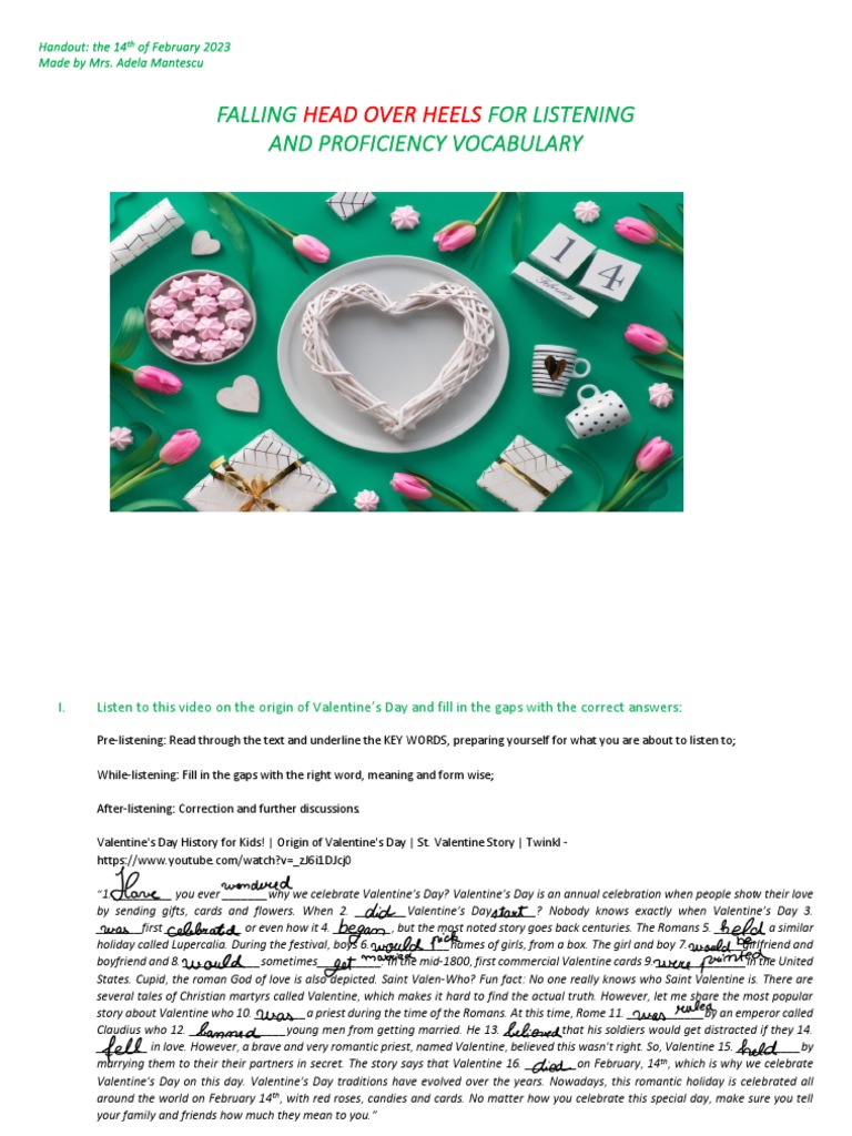 Handout On Listening and Proficiency Vocabulary, Valentine's Day PDF ...