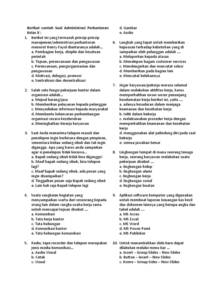 Berikut contoh Soal Administrasi Perkantoran Kelas 10 | PDF