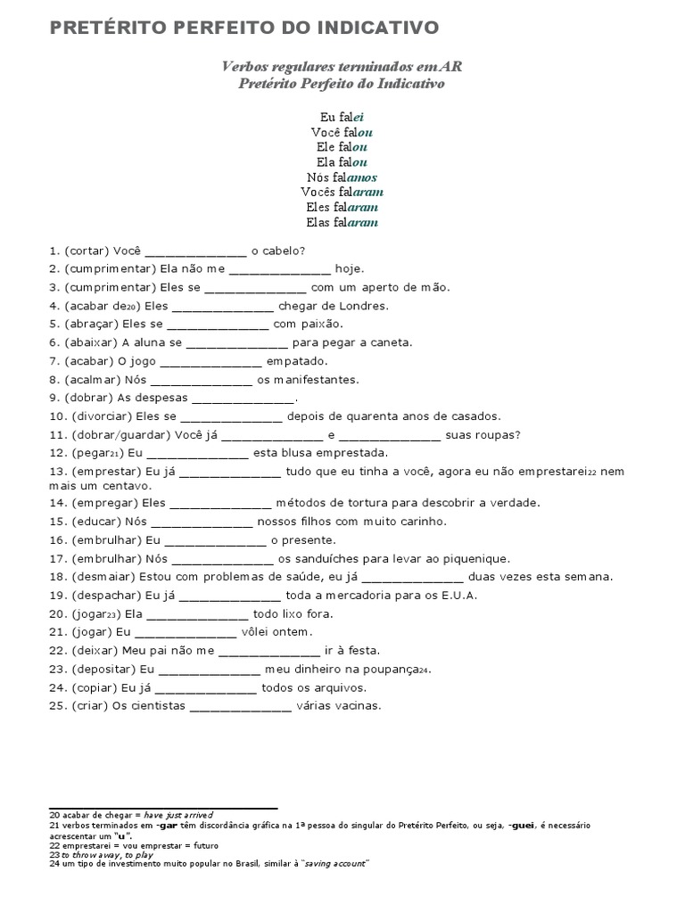 Pretérito Perfeito Do Indicativo - Exercicios | PDF