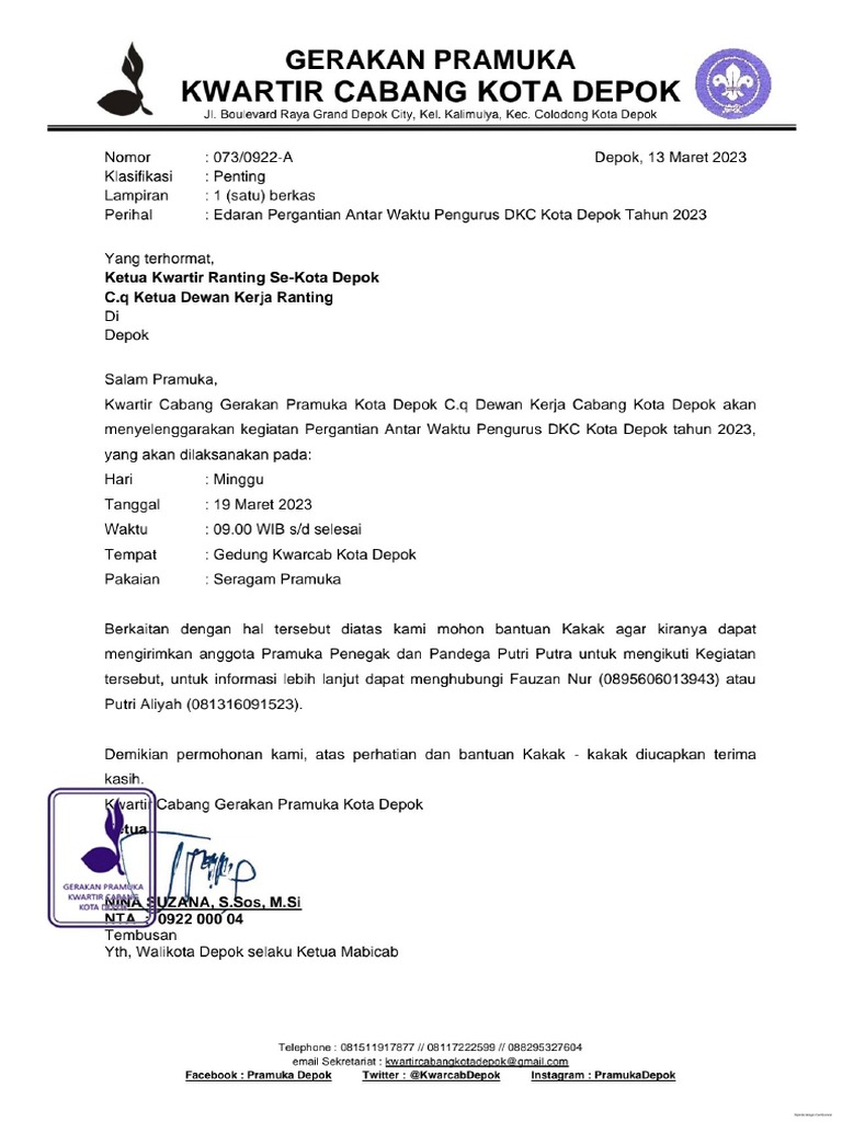 073.edaran Pergantian Antar Waktu Pengurus DKC Kota Depok Tahun 2023 PDF | PDF