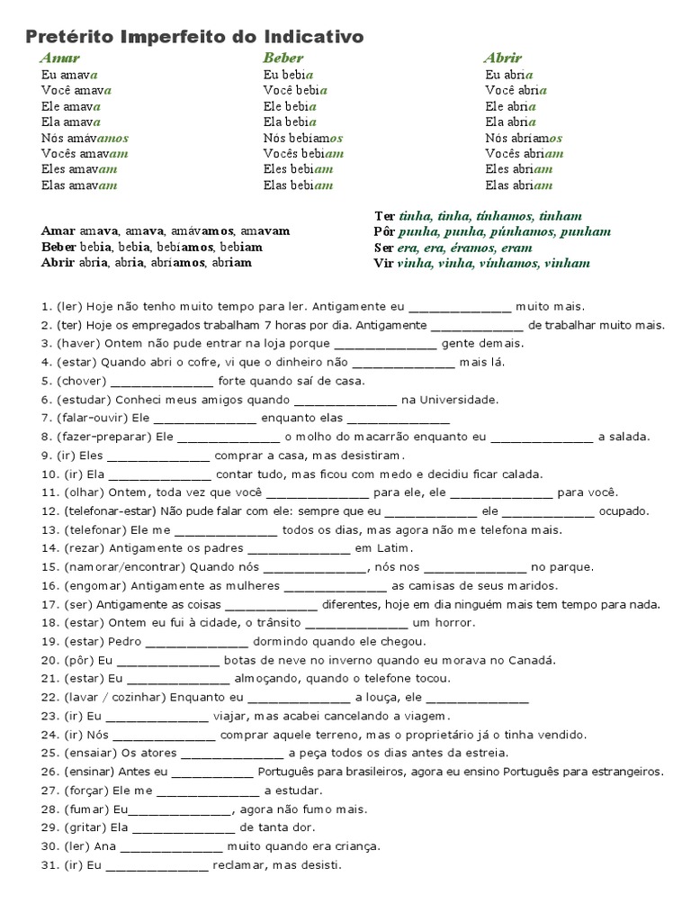 Pretérito IMperfeito Do Indicativo - Exercícios | PDF