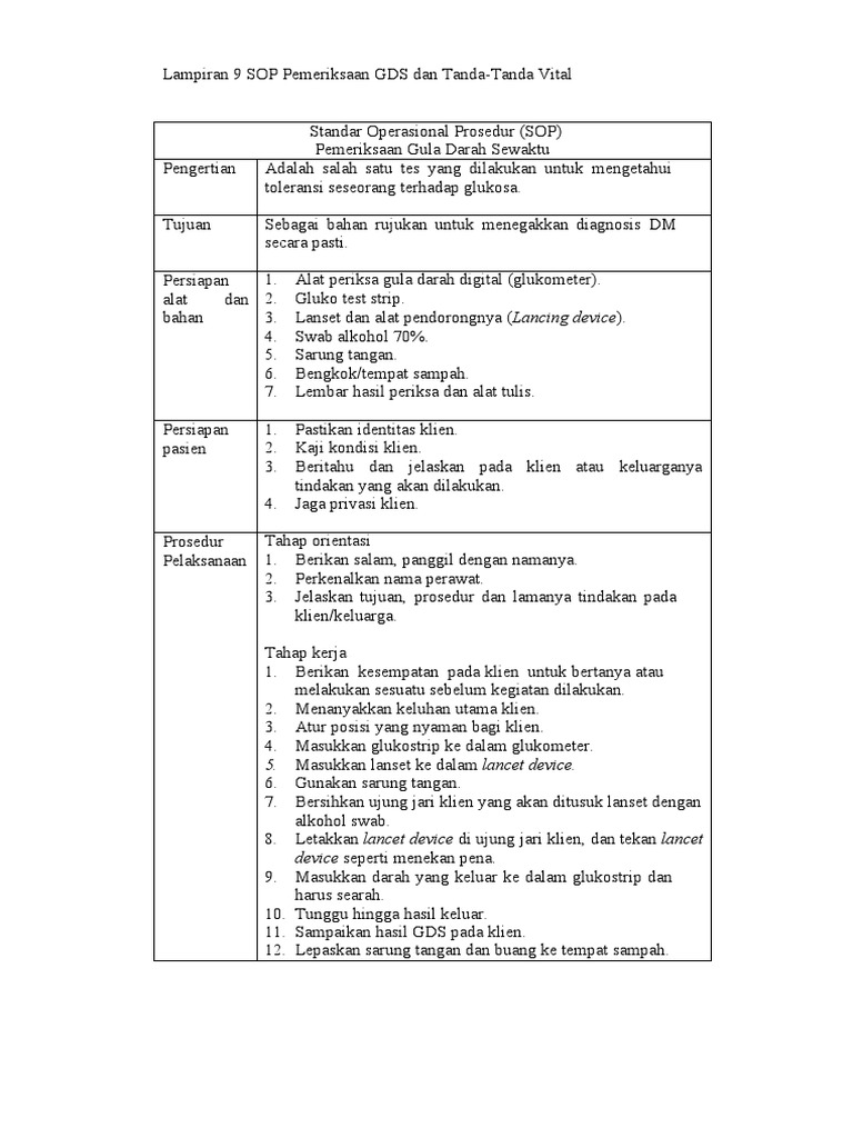 Lampiran 9 SOP Pemeriksaan GDS Dan Tanda | PDF