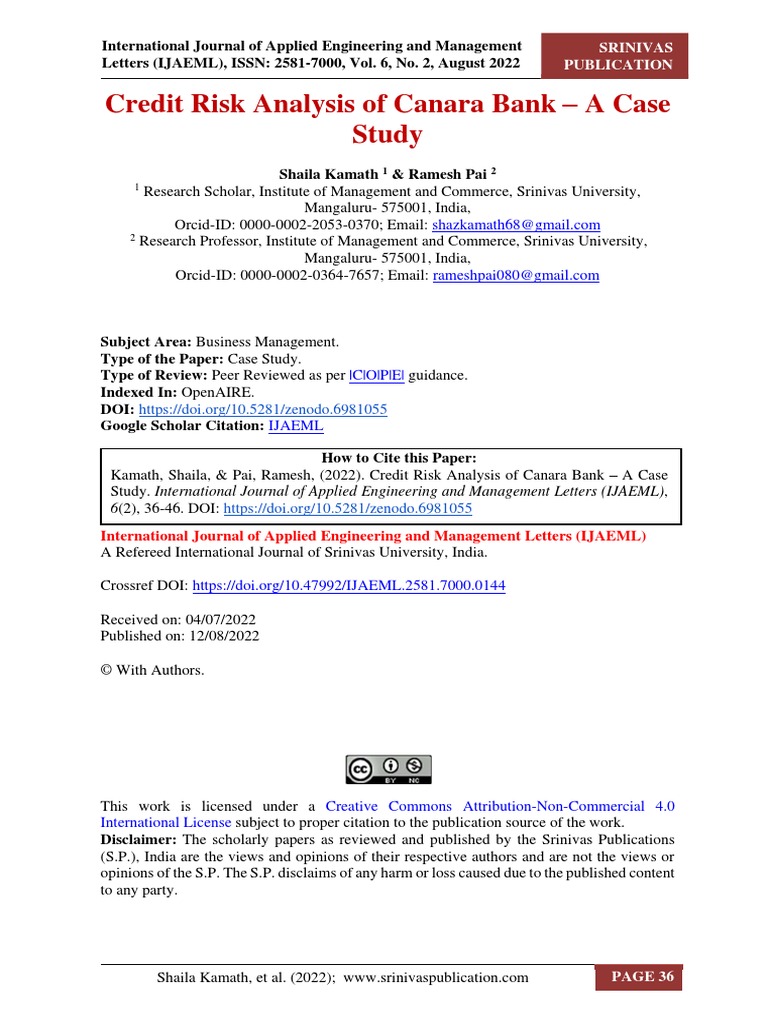 Credit Risk Analysis of Canara Bank - A Case Study | PDF | Banks | Loans