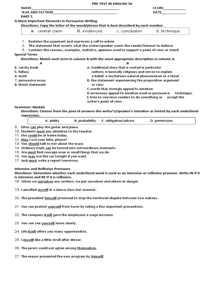Eng10 Pre-Test | PDF | Argument | Courage