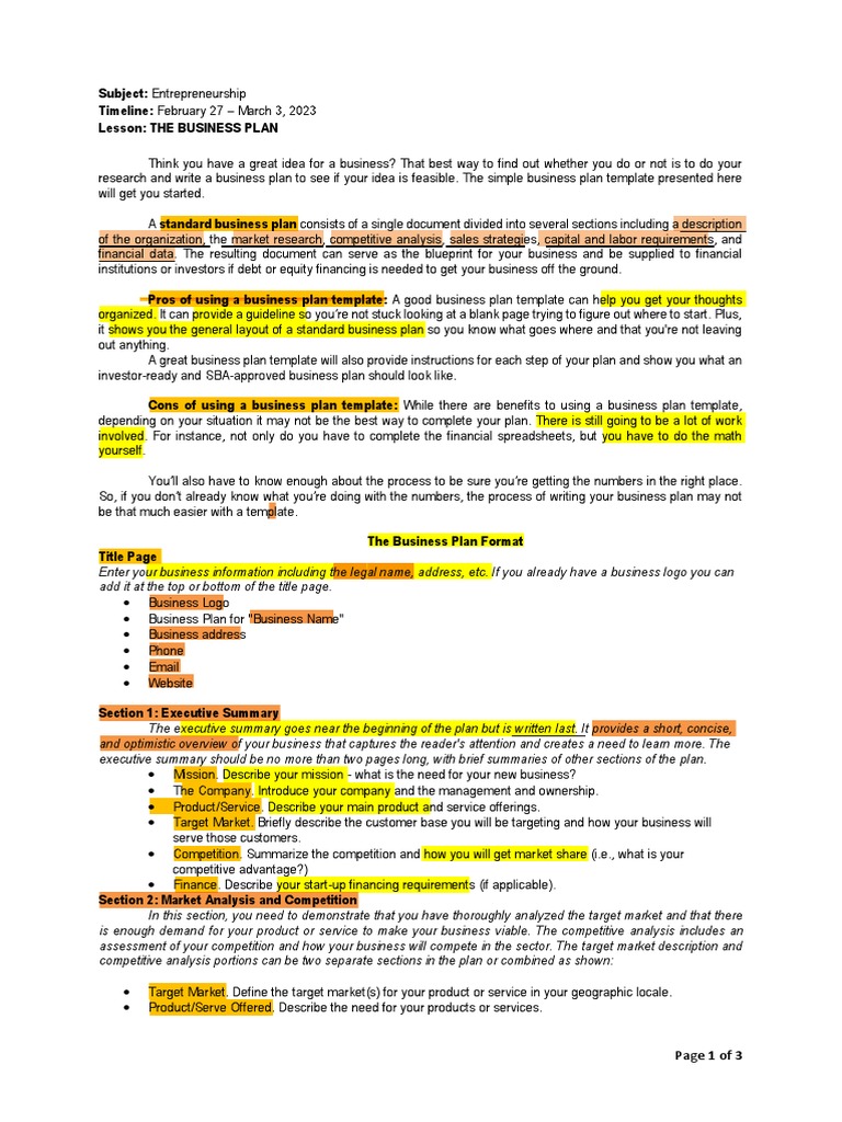 Lesson 3 - Entrep - The Business Plan - Week 3 - Sy 22-23 PDF | PDF | Balance Sheet | Pricing