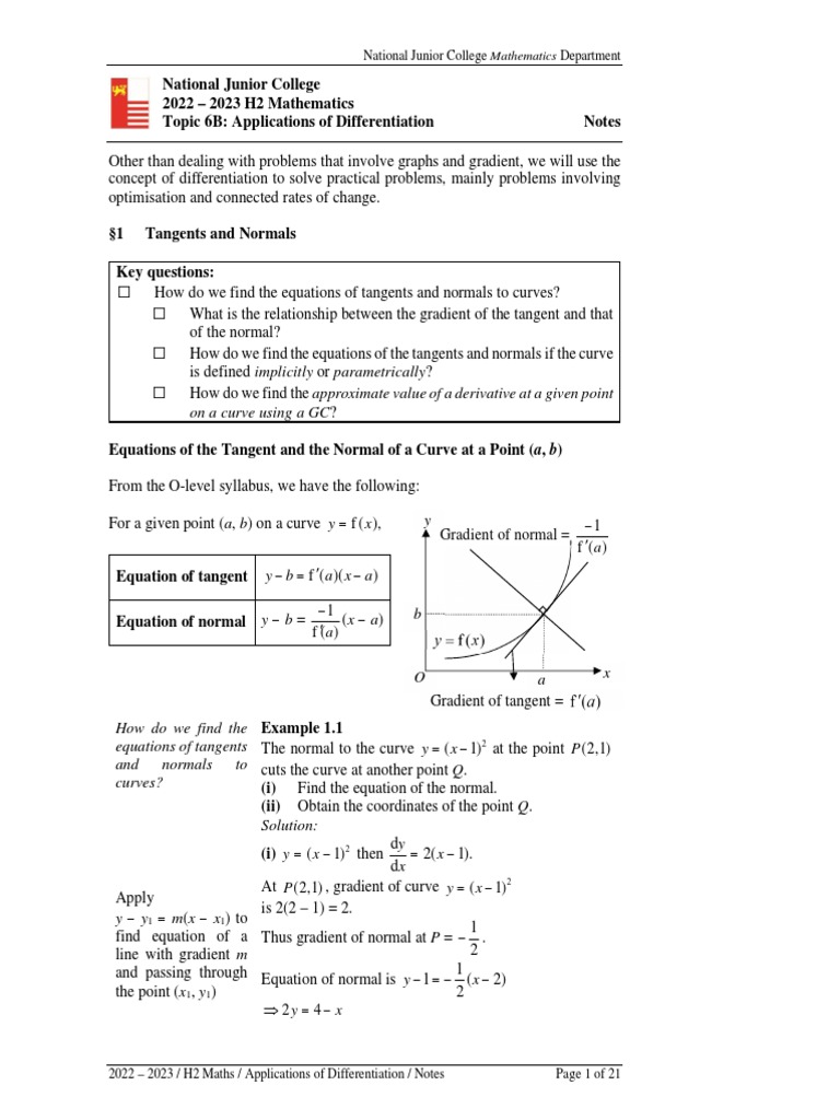 2022 1MA2 Applications of Differentiation - Notes (Students) | PDF ...