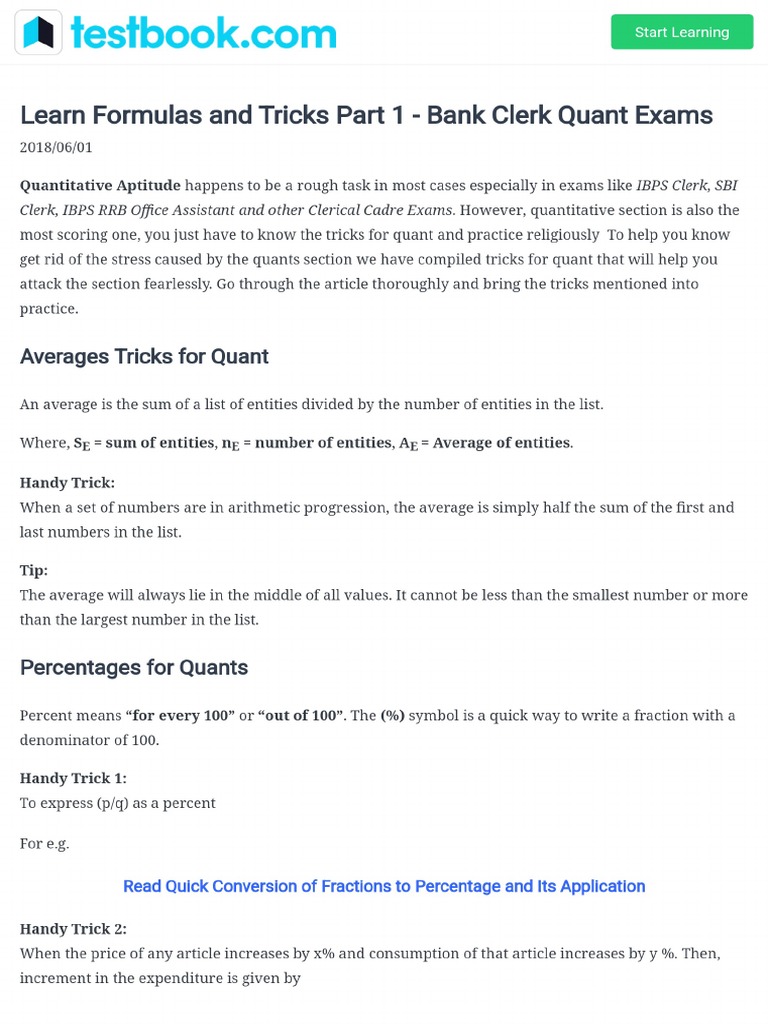Formulas and Tricks For Quant of Bank Clerk Exams Part 1 | PDF