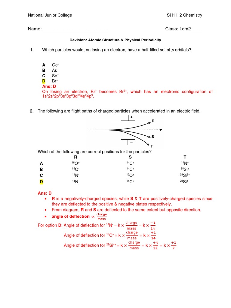 Answers - Atomic Structure - Physical Periodicity Extra Worksheet | PDF ...