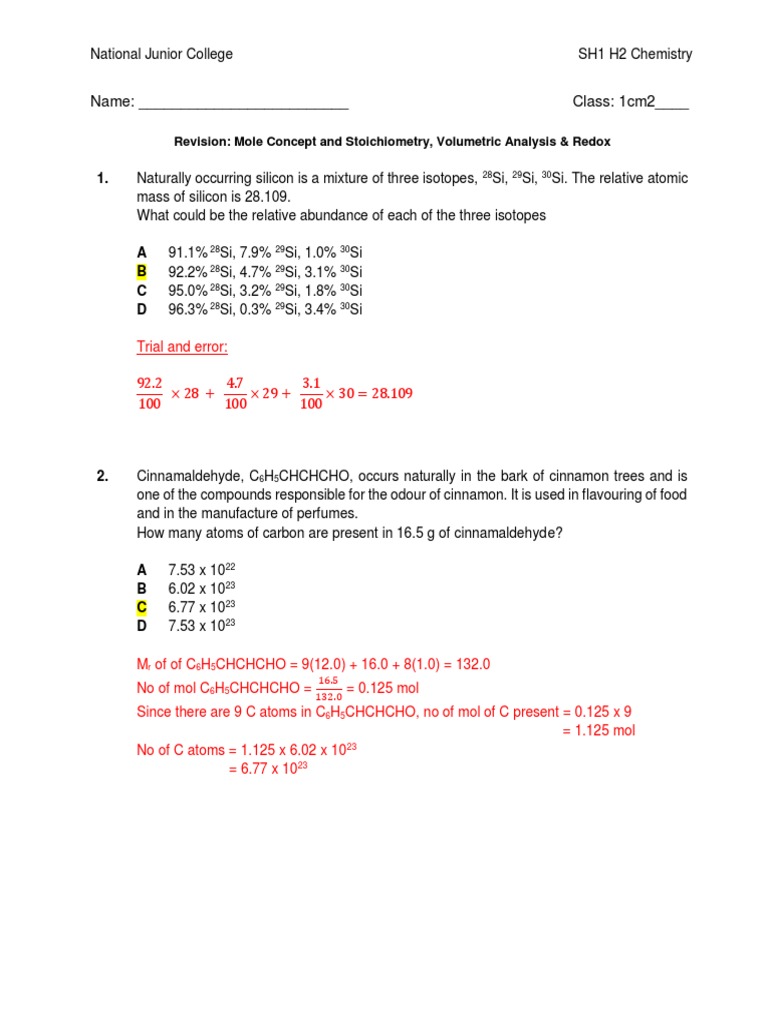 Answers - Mole Concept - VA - Redox Extra Worksheet | PDF | Chlorine | Ammonia