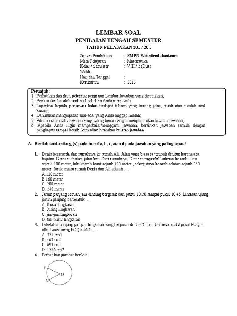 Soal PTS 2 MTK Kelas Viii K13 | PDF