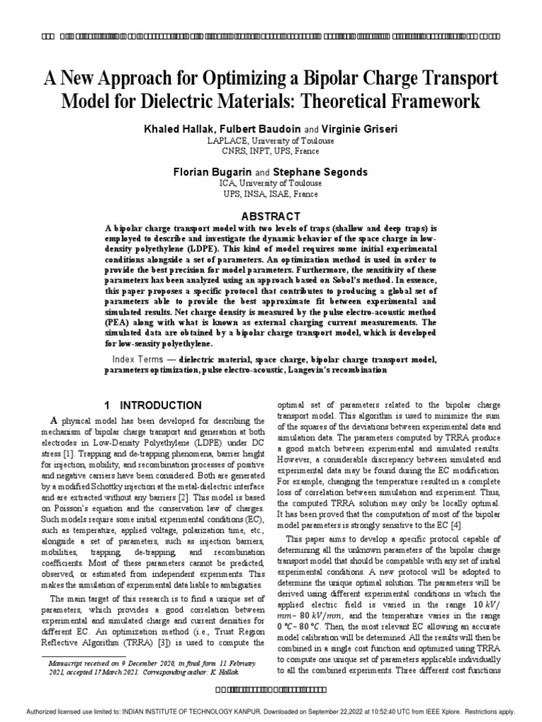 A New Approach For Optimizing A Bipolar Charge Transport Model For Dielectric Materials ...