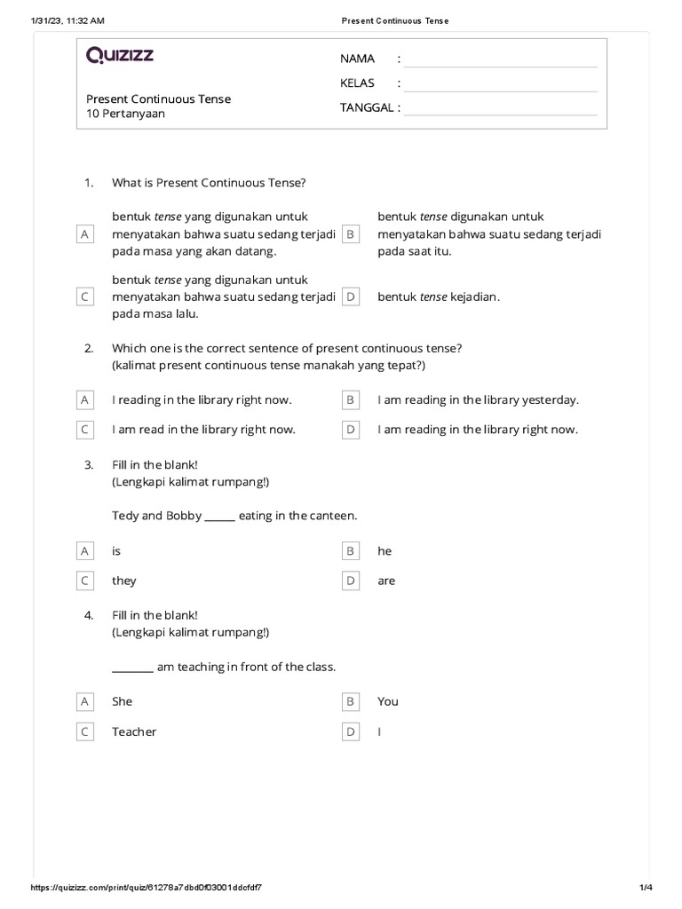 Present Continuous Tense Quiz | PDF