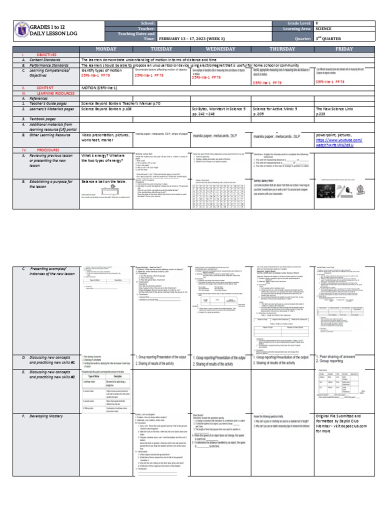 DLL - Science 5 - Q3 - W1 | PDF | Learning | Teachers