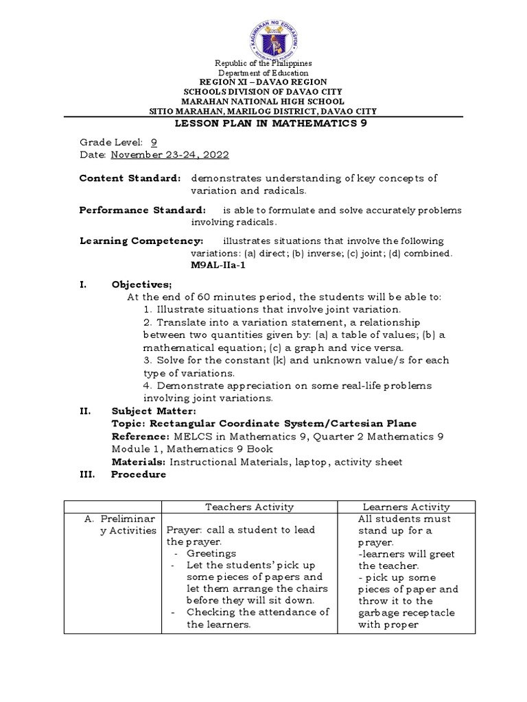 Cot 1 Lesson Plan in Mathematics 9 | PDF | Mathematics | Lesson Plan