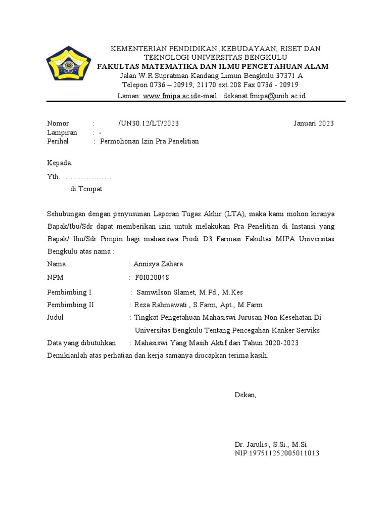 Contoh Surat TTD Dekan Untuk Yang Meneliti Dan Tjuannya Di Luar FMIPA | PDF