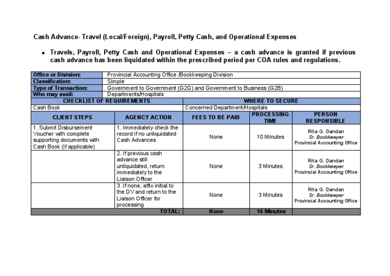 Cash Advance - Travel, Payroll, PCF, & Operational Expenses | PDF ...