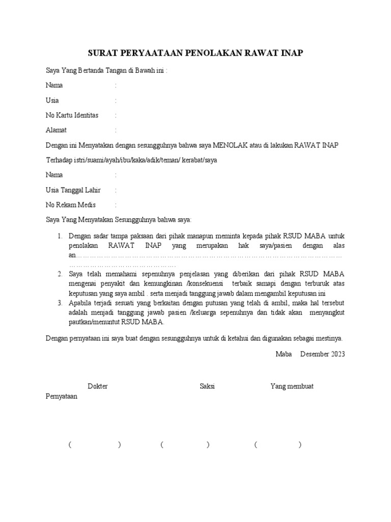 Surat Peryaataan Penolakan Rawat Inap | PDF