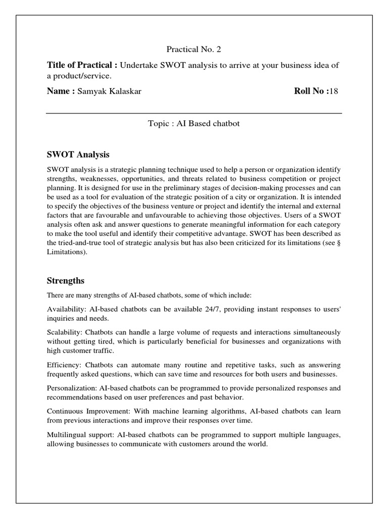 Practical No 2 | PDF | Swot Analysis | Artificial Intelligence Practical No 2 | PDF | Swot Analysis | Artificial Intelligence