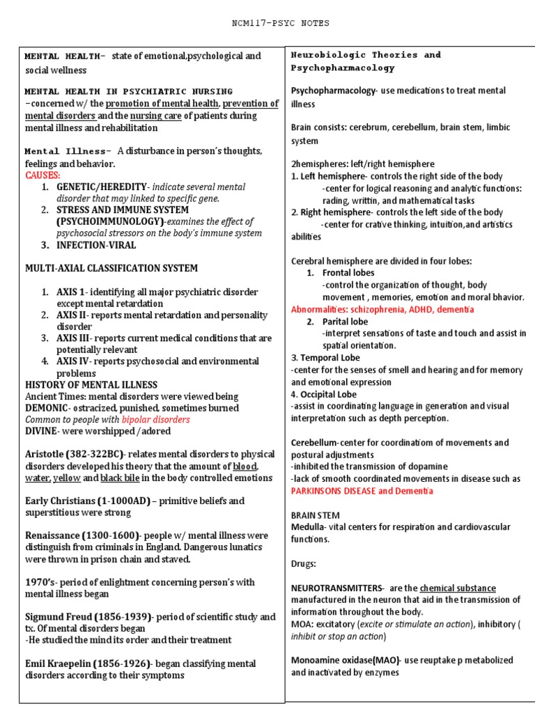 Psych Notes | PDF | Mental Disorder | Neurotransmitter