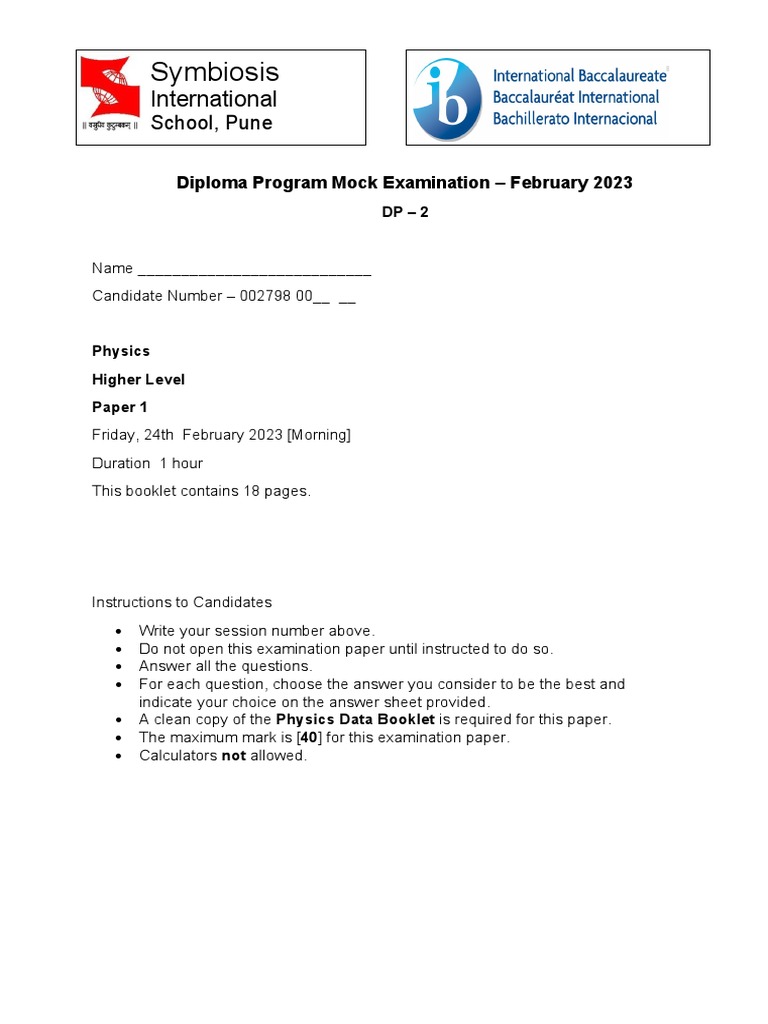 P1 - HL - Mock1 - Feb2023 QP PDF | PDF | Electron | Amplitude