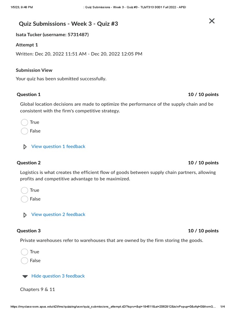 Quiz Submissions - Week 3 - Quiz #3 - TLMT313 D001 Fall 2022 - APEI ...