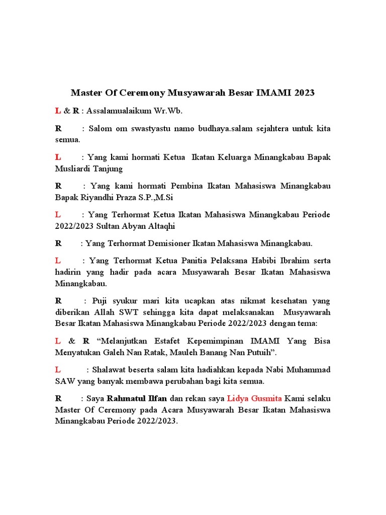 Master of Ceremony Musyawarah Besar IMAMI 2023 | PDF
