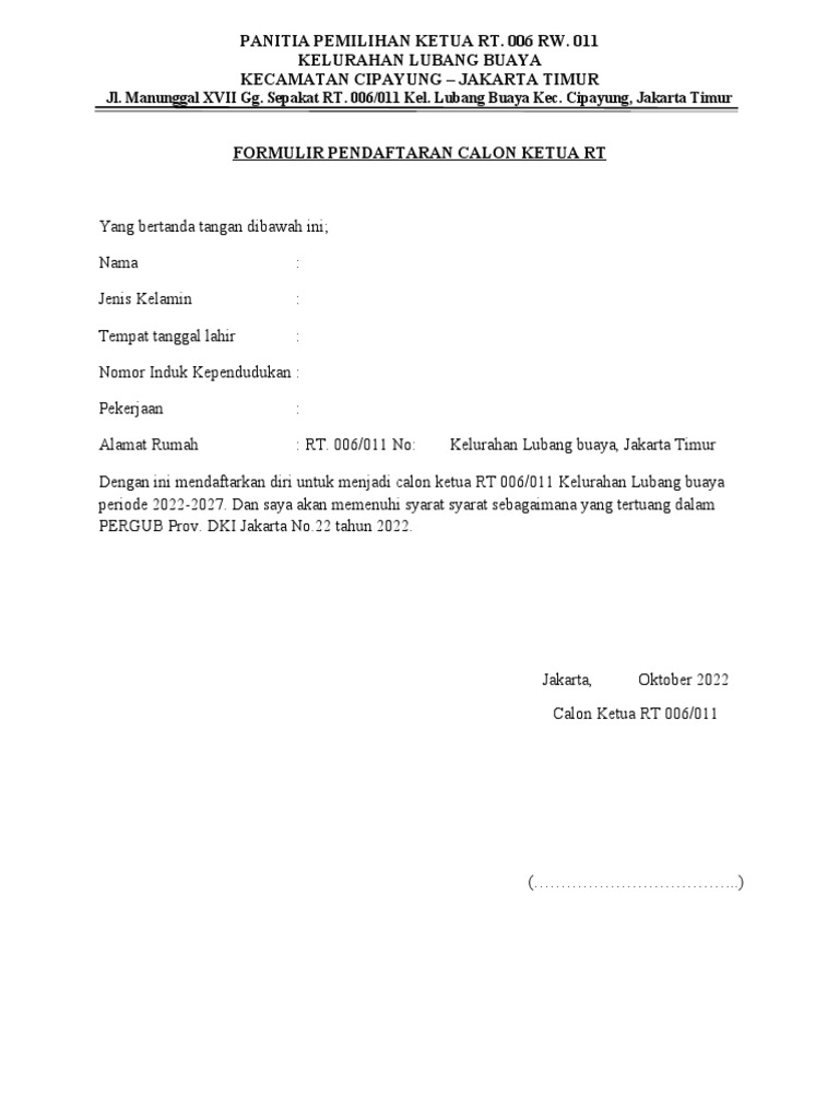 Formulir Pendaftaran Calon Ketua RT | PDF