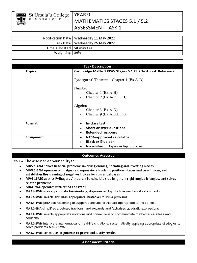 Year 9 Maths Assessment Task 1 | PDF | Mathematics