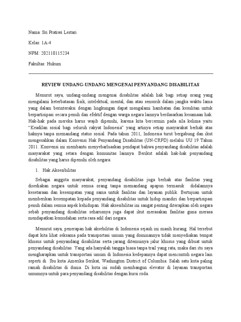 Review Undang-Undang Mengenai Penyandang Disabilitas | PDF