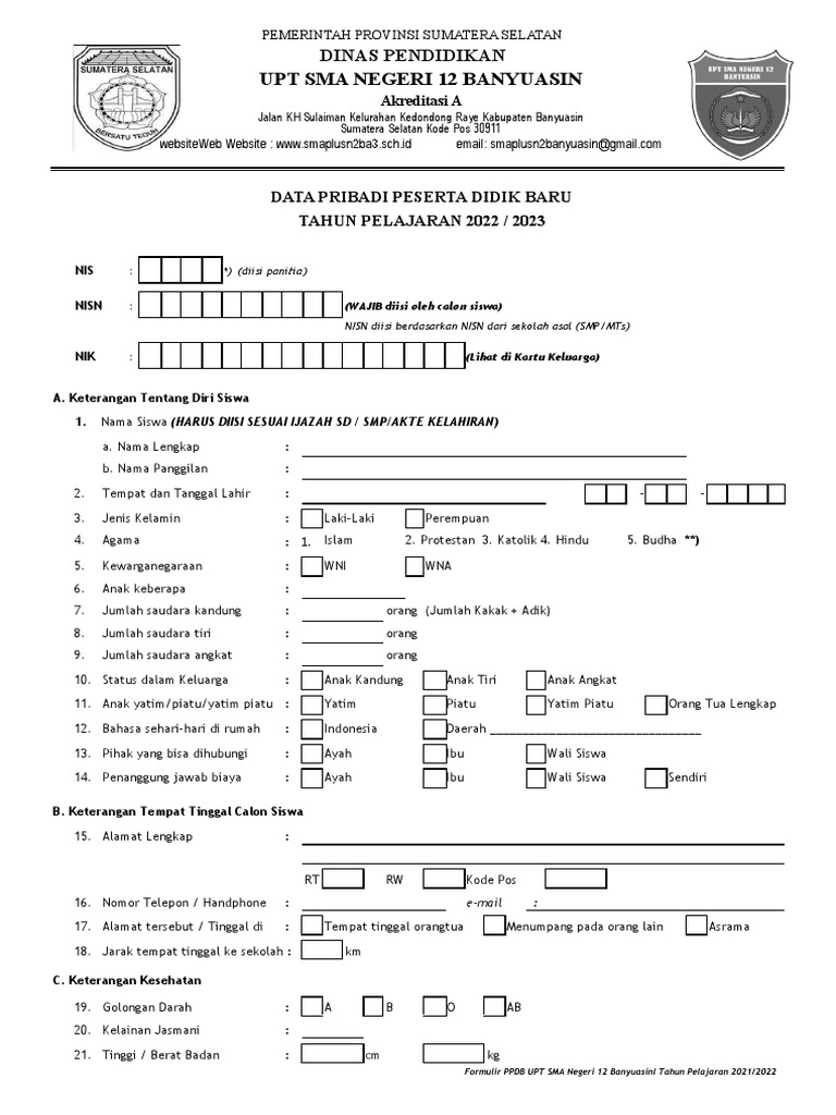 Formulir Data Siswa Baru | PDF