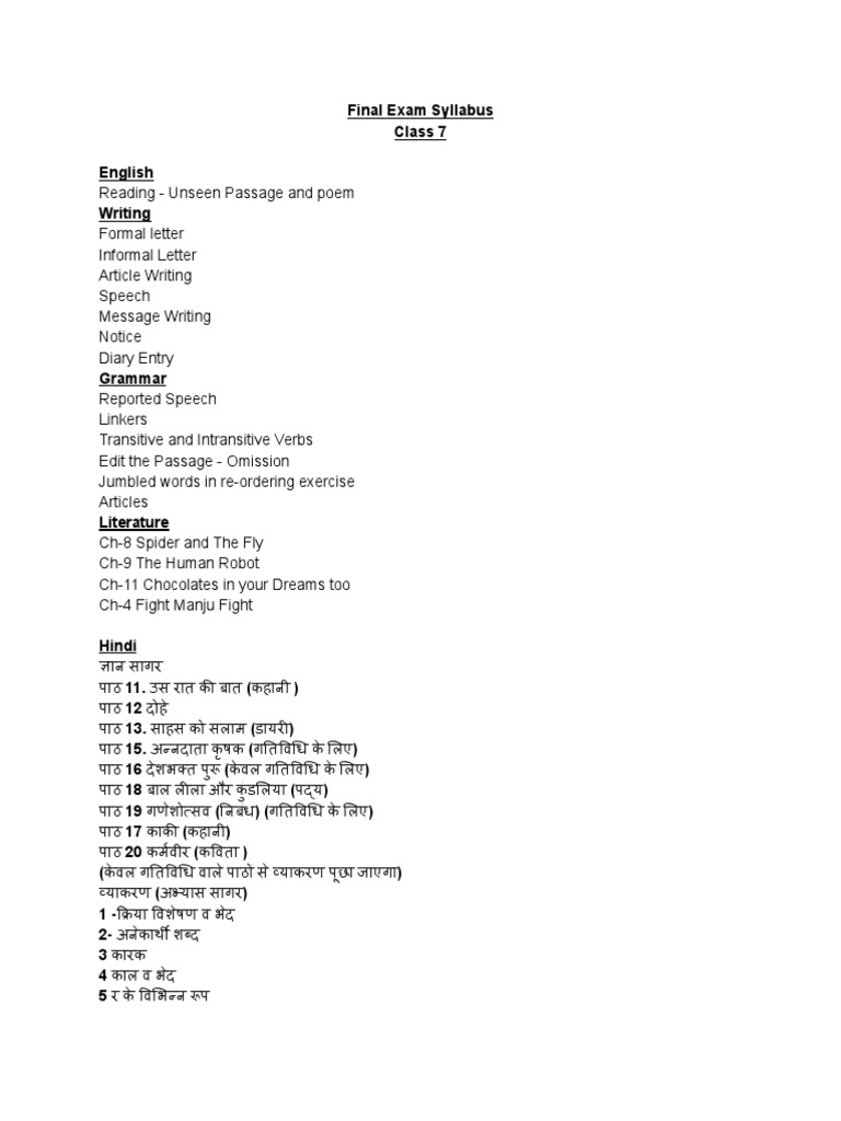 Class 7 - Final Exam Syllabus-1 | PDF