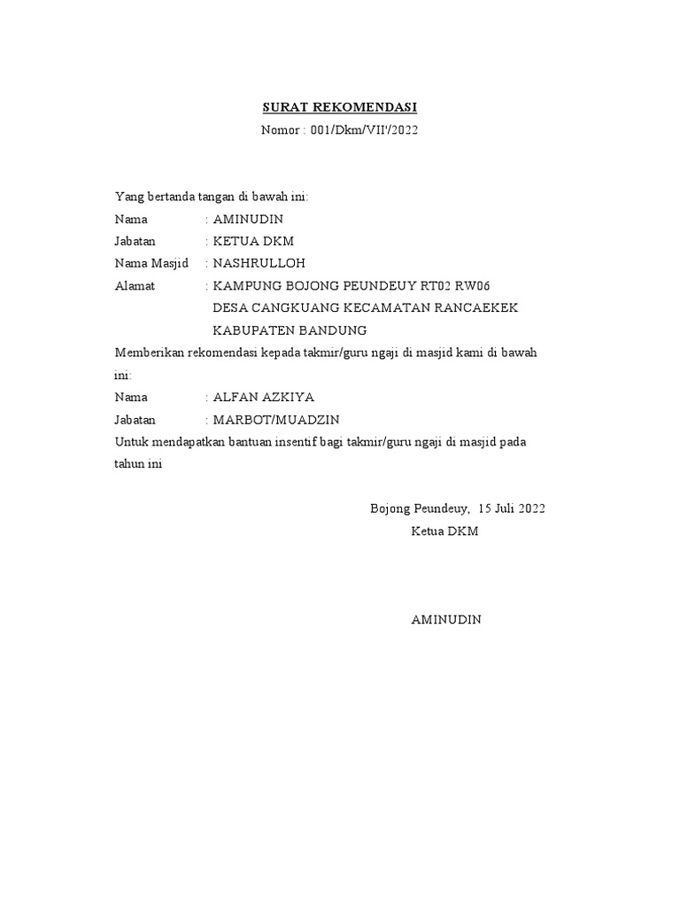 Surat Rekomendasi DKM Pak Aminudin | PDF