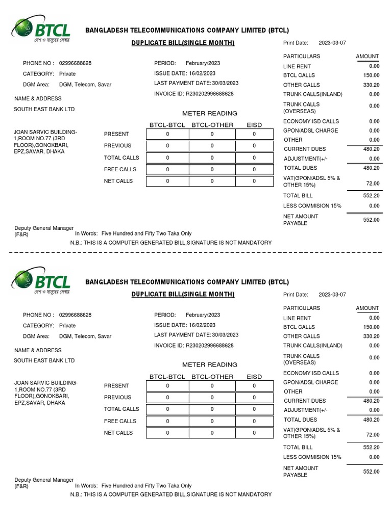 Bangladesh Telecommunications Company Limited (BTCL) Duplicate Bill (Single Month) | PDF ...