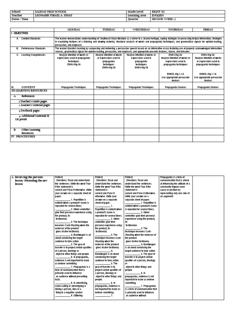 English 8 Quarter 3 Week 2 | PDF | Propaganda | Learning